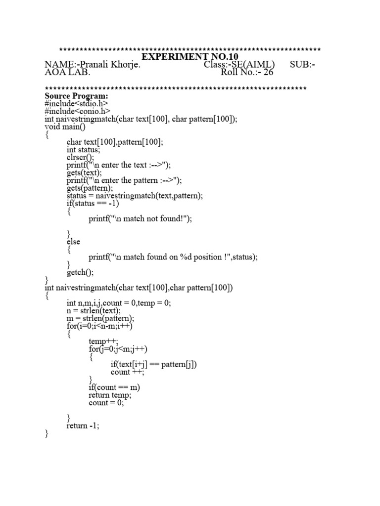 Naive String Matching Algorithm in C | PDF
