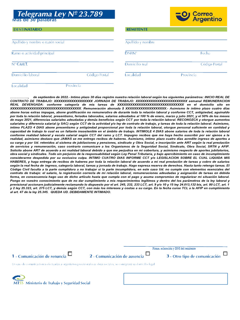 Telegrama Modelo | PDF | Salario | Labor