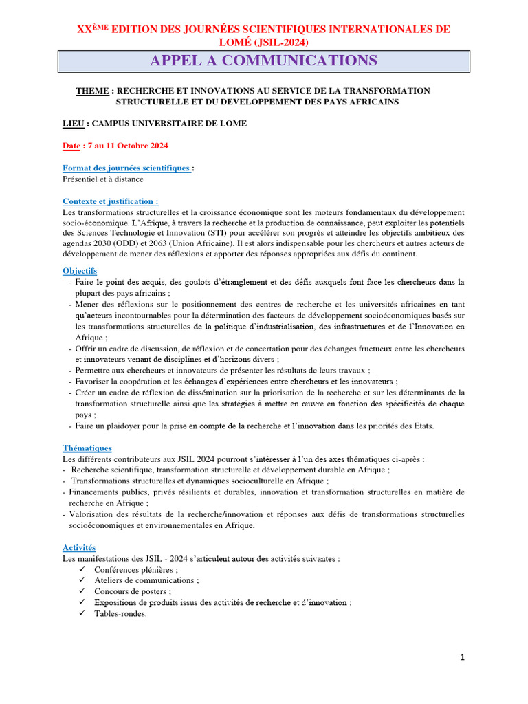 JSIL 2024 : Appel à Communications | PDF | Science | Afrique