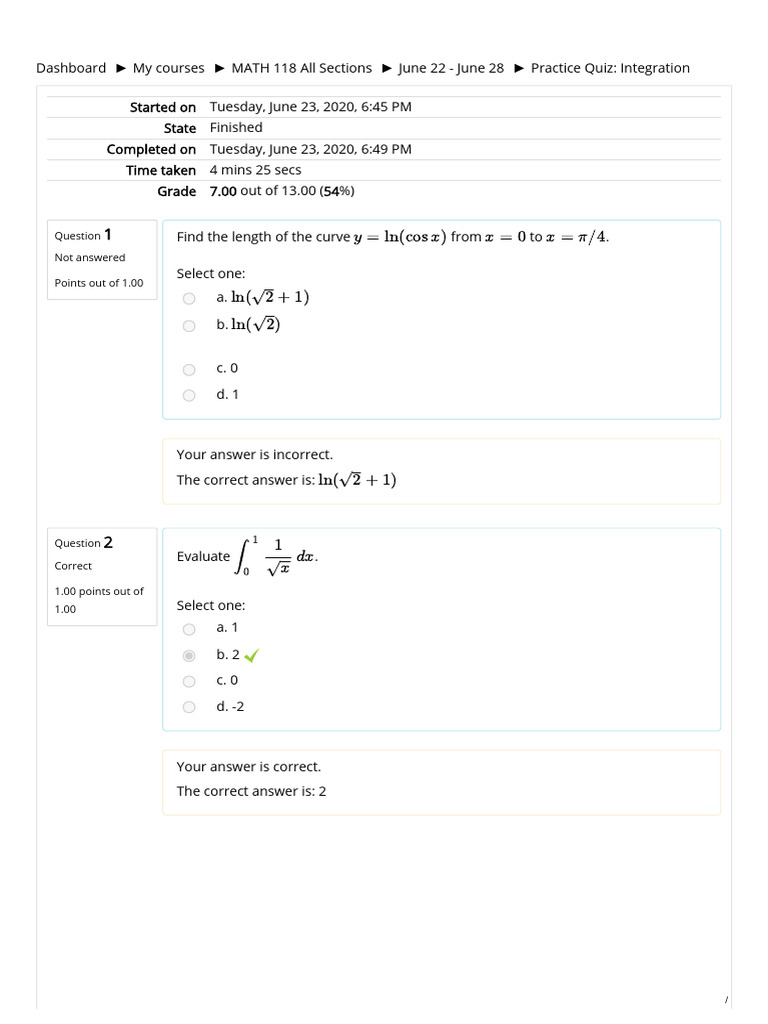 Practice Quiz_ Integration_ Attempt review | Download Free PDF | Mathematics | Mathematical Analysis