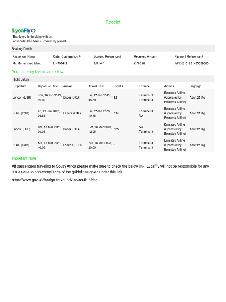 LycaFly OrderConfirmation | PDF | Civil Aviation | Aviation