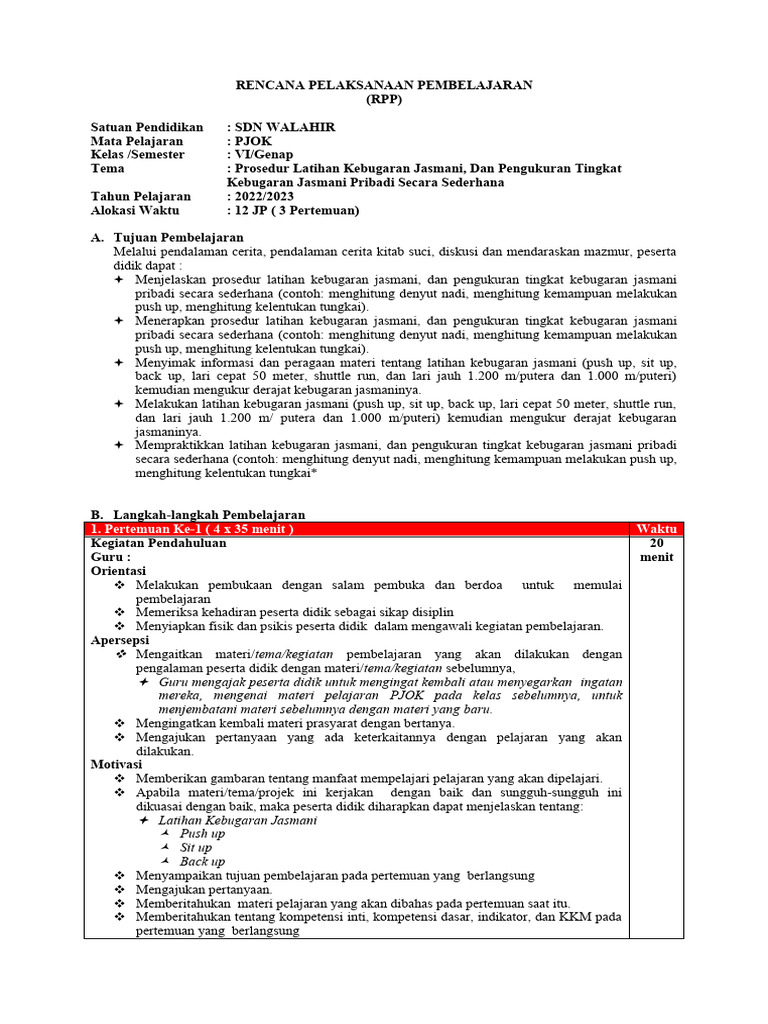 RPP. KD 3.5 Subtema - Prosedur Latihan Kebugaran Jasmani, Dan Pengukuran Tingkat Kebugaran Ja ...