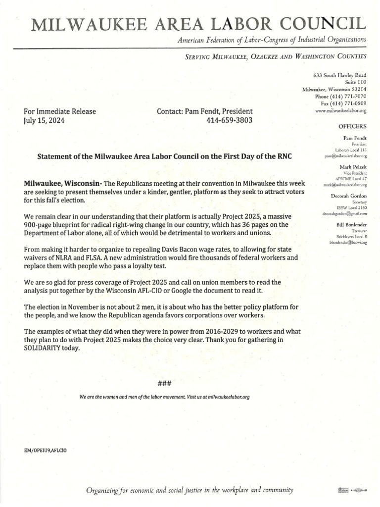 Milwaukee Area Labor Council Statement On RNC | PDF