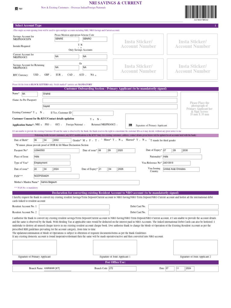 Nri-Forms NRE NRO | PDF | Cheque | Transaction Account