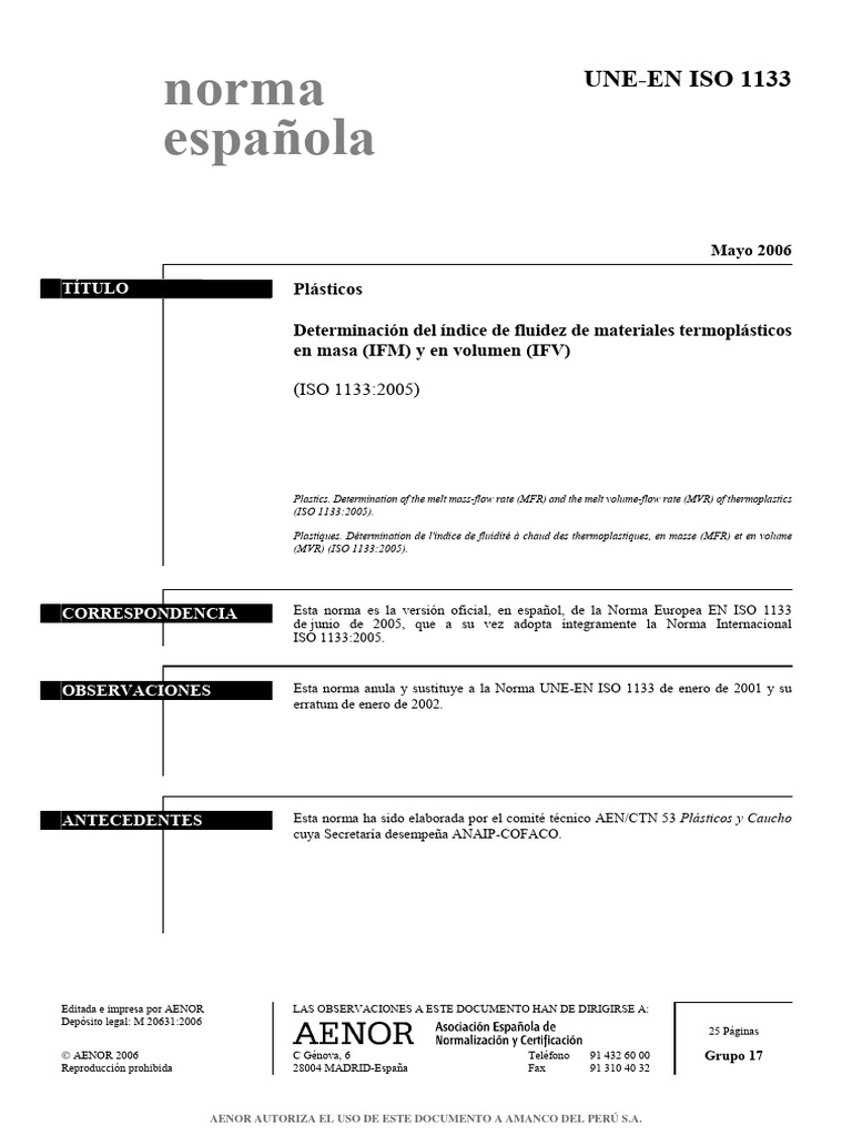 UNE-EN - ISO - 1133 Determinacion Del Indice de Fluidez de Materiales Termoplasticos en Masa ...