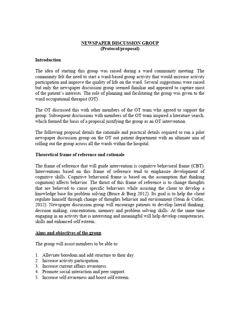 Newspaper Discussion Group | PDF | Cognitive Behavioral Therapy | Thought
