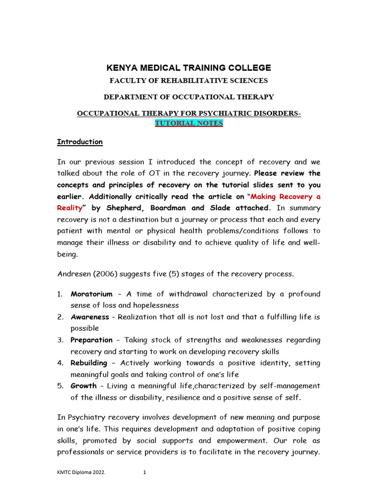 OT in Psychiatry - REcovery Process Final Draft | PDF | Occupational ...