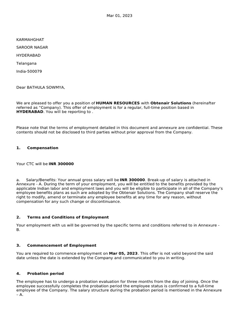 Offer - Letter - BATHULA SOWMYA | PDF | Employment | Justice