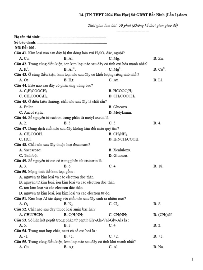 001 mj6kdw 14. (TN THPT 2024 Hoa Hoc) So GDDT Bac Ninh (Lan 1) .Docx 29 ...