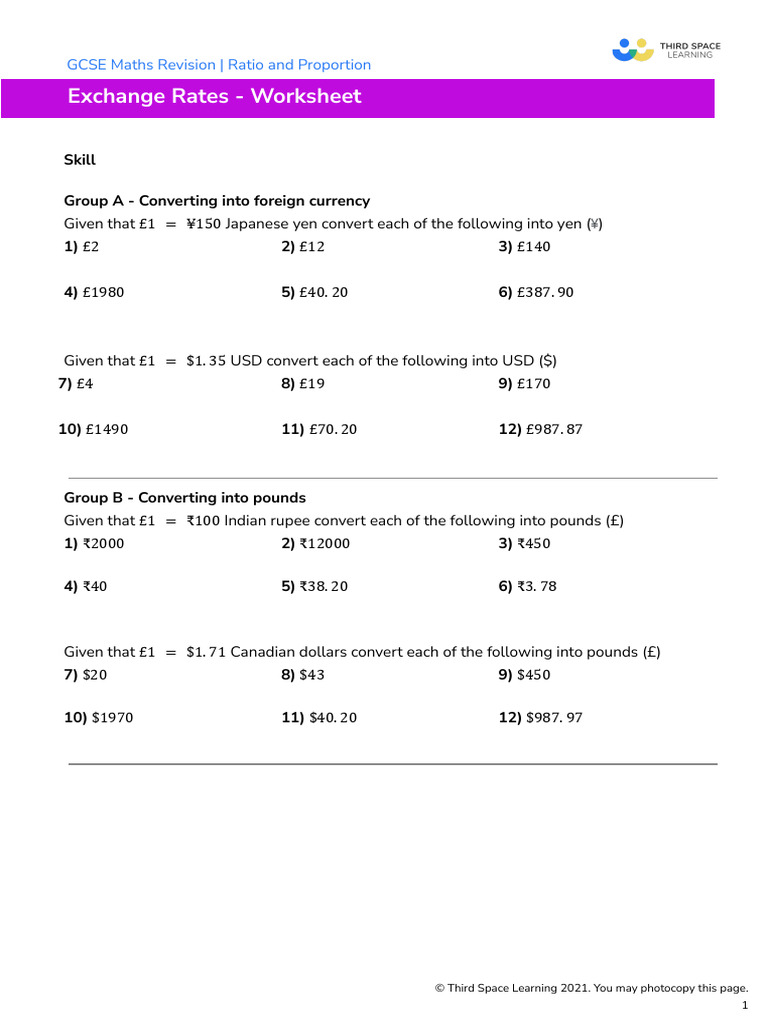 Third Space Learning Exchange Rates GCSE Worksheet | PDF | Japanese Yen ...