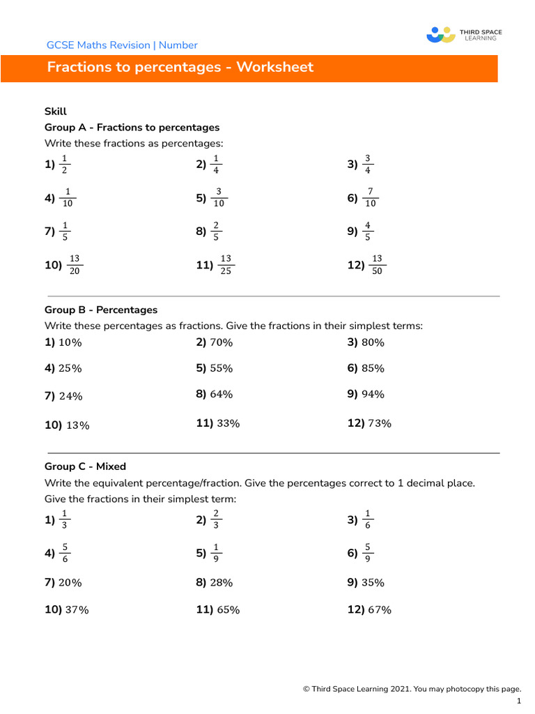 Third Space Learning Fractions To Percentages GCSE Worksheet | PDF ...