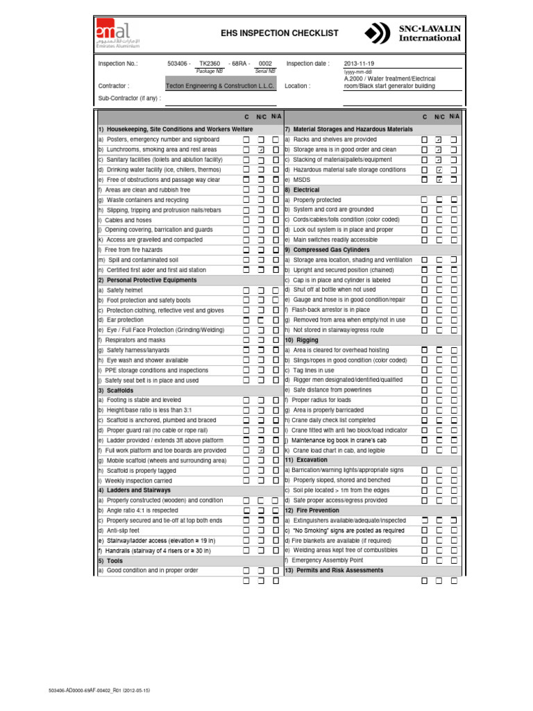EHS Inspection Report - 19 Nov'13 | PDF | Crane (Machine) | Stairs