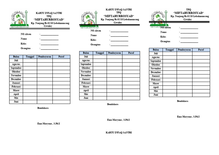 KARTU INFAQ SANTRI TPQ | PDF
