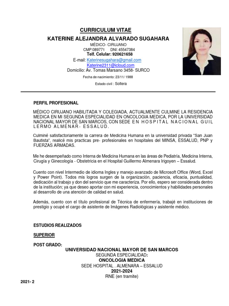 CV Katherine Alvarado | Descargar gratis PDF | Medicina | Hospital