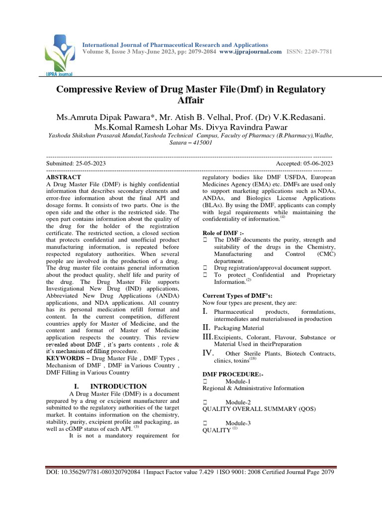 Compressive Review of Drug Master File(Dmf) in Regulatory Affair | PDF ...