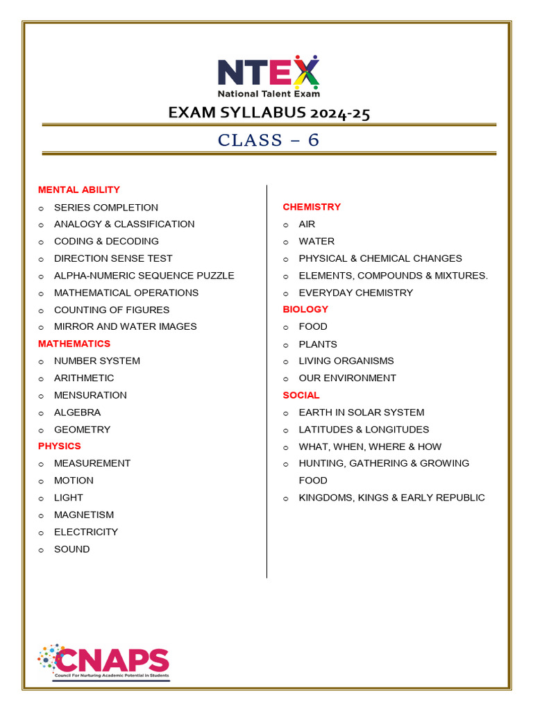 NTEX Exam Syllabus Overview 2024-25 | PDF | Chemistry | Mathematics