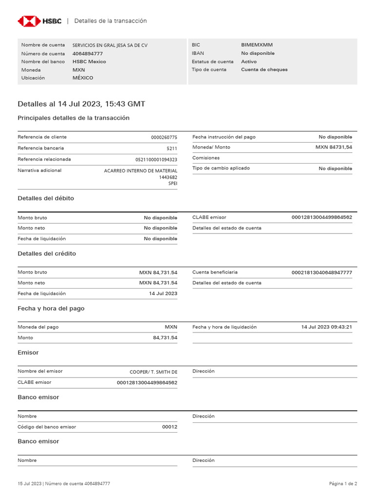 Comp de Pago HSBC de Fact Pagada 14 Julio 2023 | PDF | Bancos | Pagos