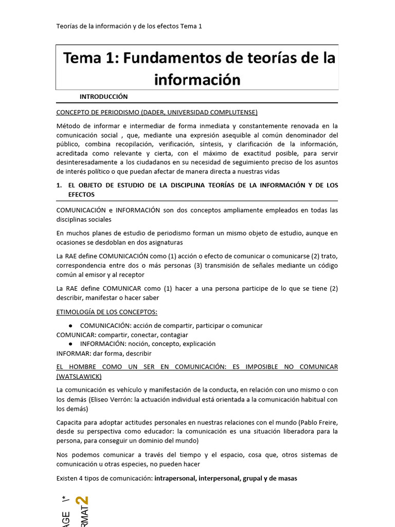 Tema 1 'Fundamentos de Teorias de La Informacion y de Los Efectos' | PDF | Comunicación ...