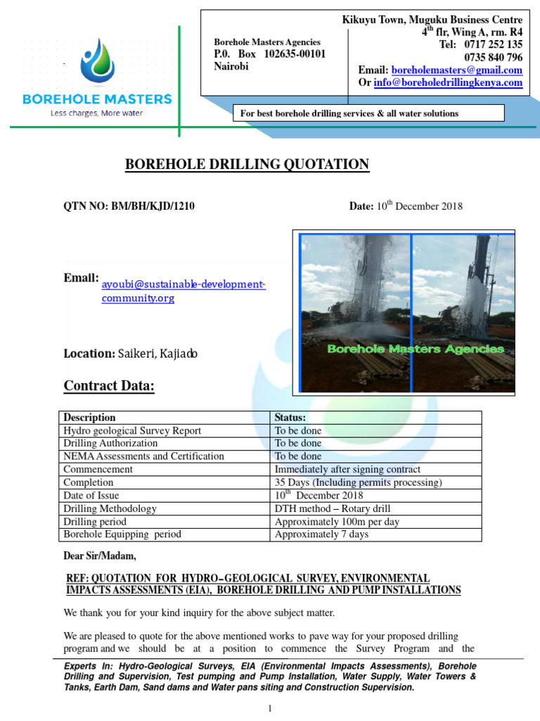 Borehole Drilling Quotation for Saikeri | PDF | Environmental Impact ...