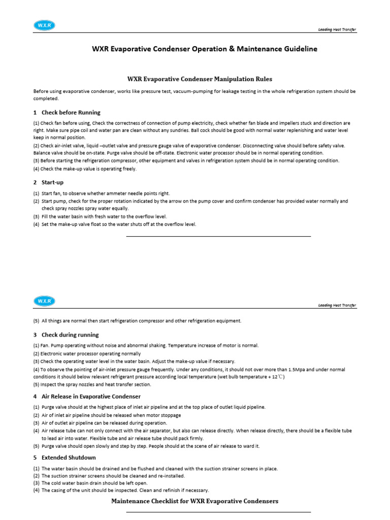 WXR Evaporative Condenser Operation Maintenance | PDF | Pump | Water