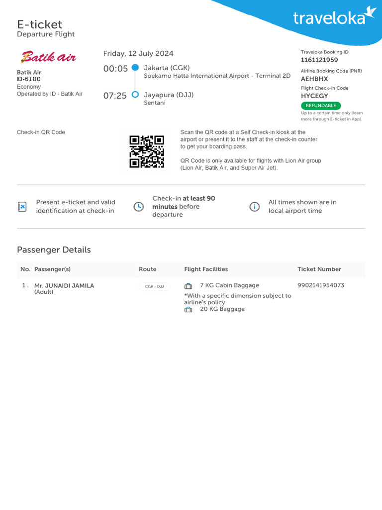 Batik Air E-Ticket: CGK to DJJ Details | PDF | Civil Aviation | Airlines