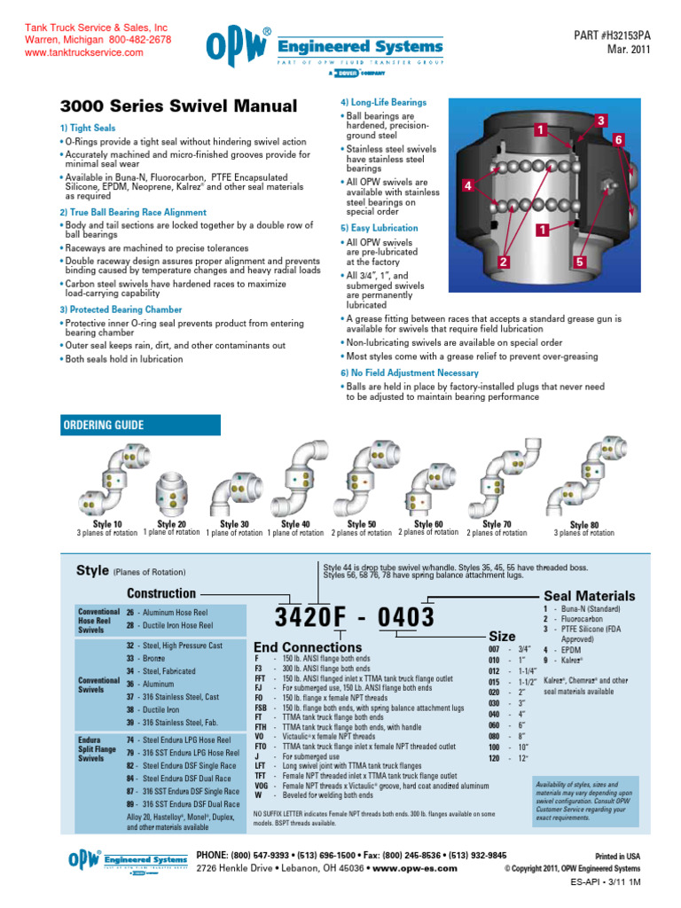 OPW Swivel Maintenance Guide | PDF | Bearing (Mechanical) | Materials