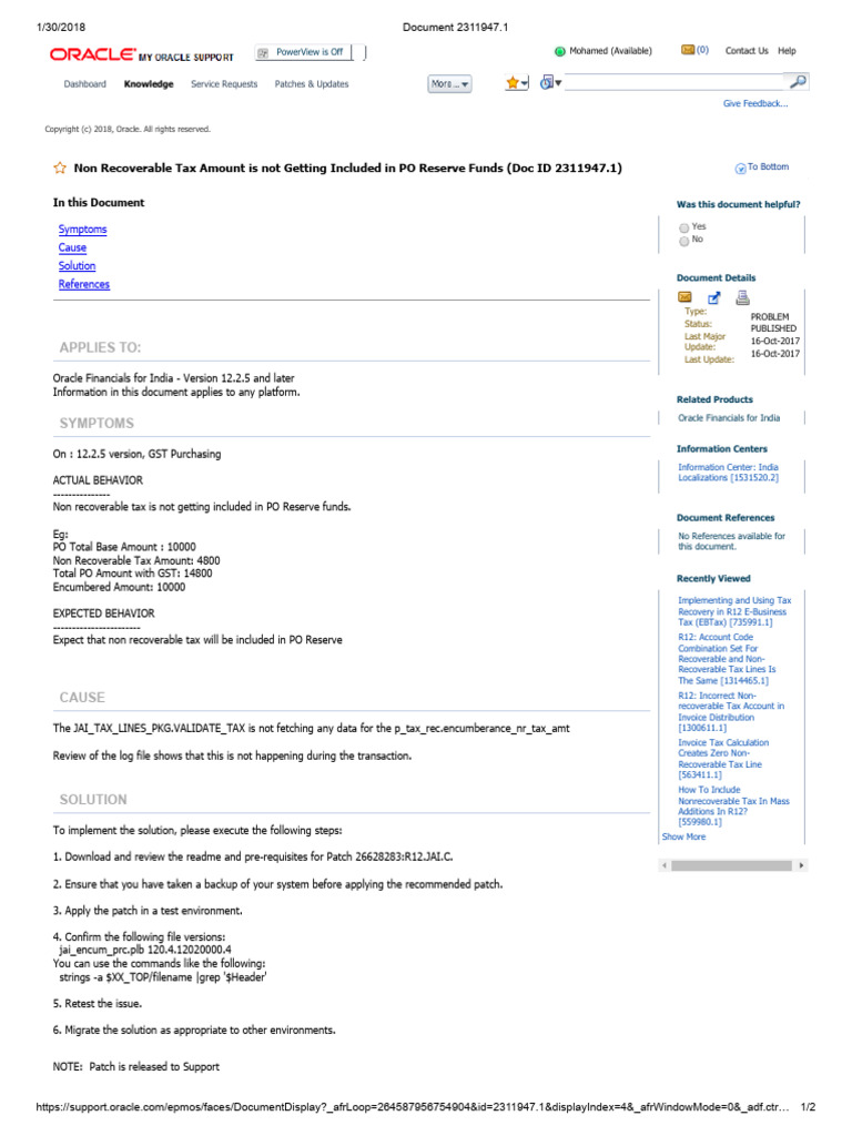 Non Recoverable Tax Amount Is Not Getting Included in PO Reserve Funds ...
