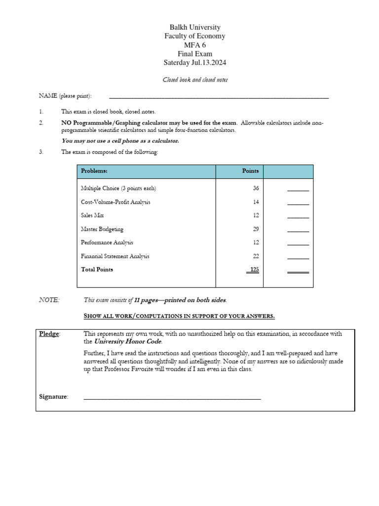 Sample Fianl Exam MFA6 | PDF | Balance Sheet | Depreciation