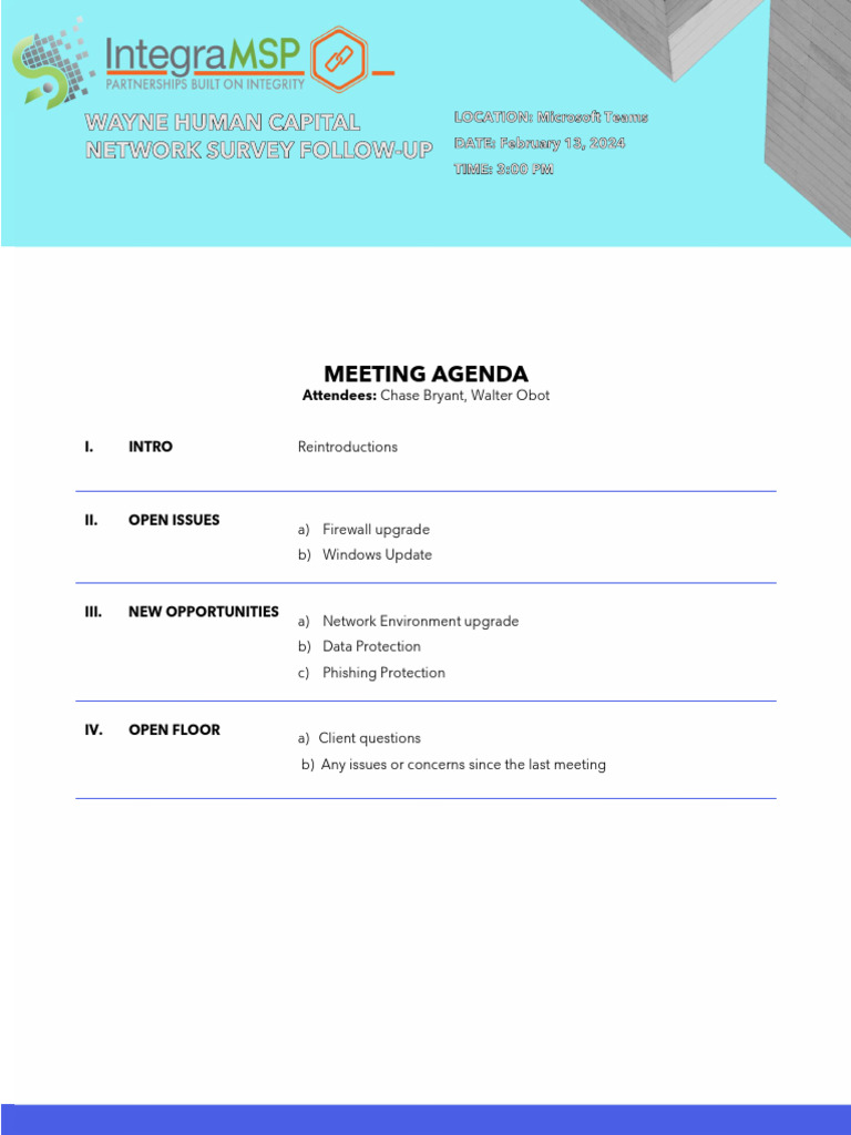 WHC Network Survey Follow Up Meeting Agenda | PDF