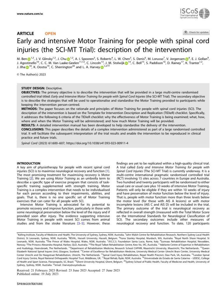 Early and Intensive Motor Training For People With Spinal Cord Injuries (The SCI-MT Trial ...