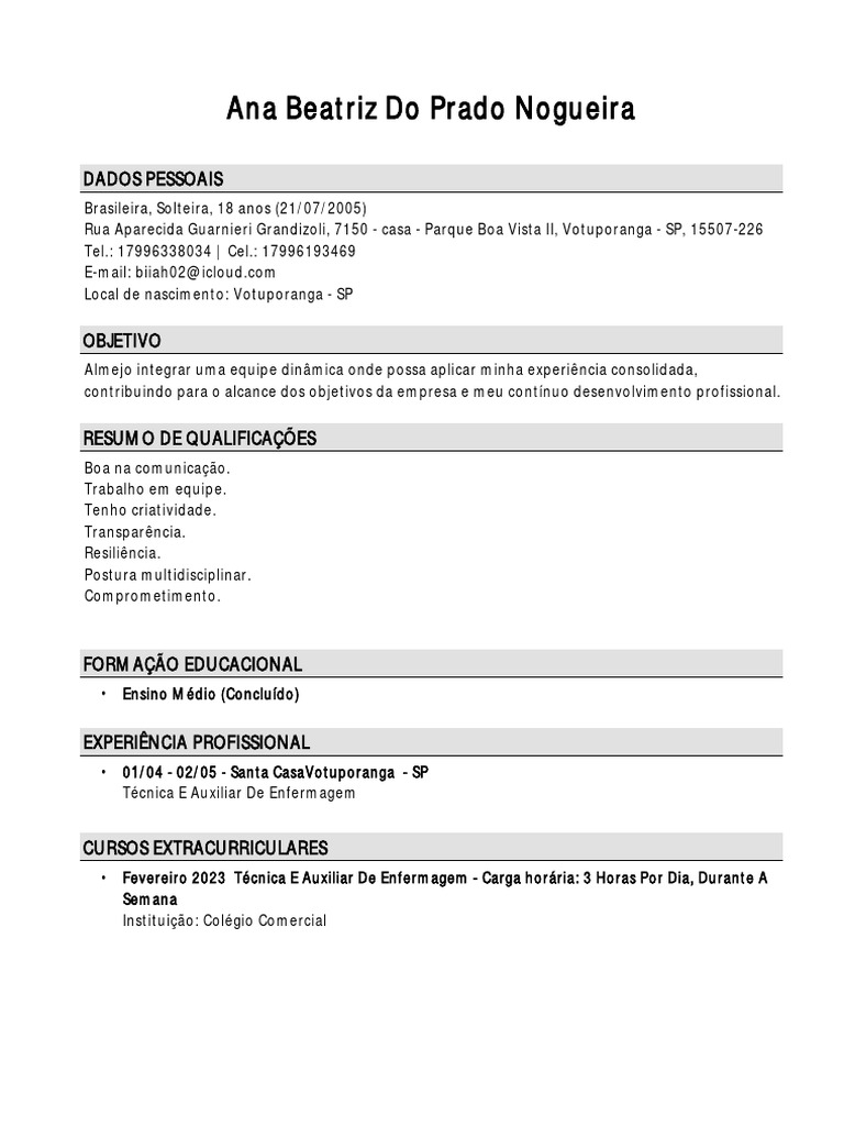 CV Ana Beatriz Do Prado Nogueira PDF | PDF | Bem-estar