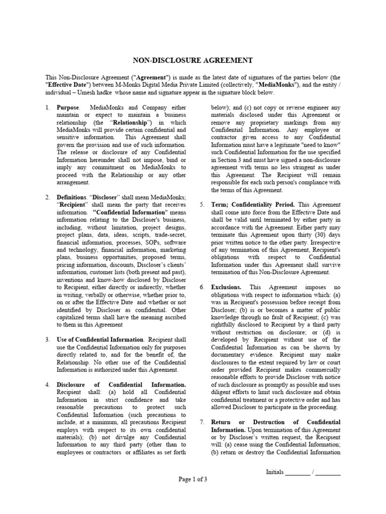 M-Monks - NDA - 2022 - Unilateral 2 | PDF | Trade Secret | Non ...