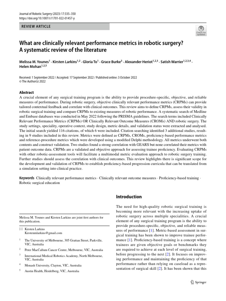 What Are Clinically Relevant Performance Metrics in Robotic Surgery - A ...