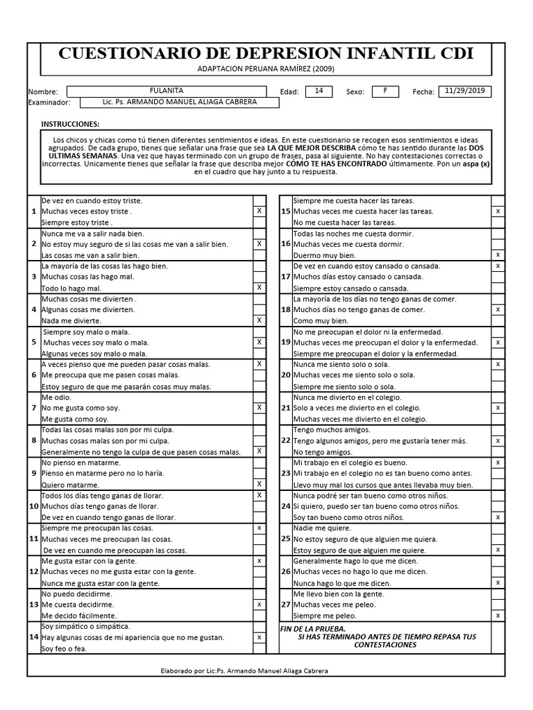 CUESTIONARIO DE DEPRESION INFANTIL CDI 7 a 15 años Peru | PDF