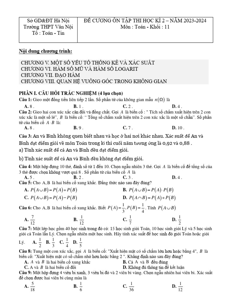 Đề cương ôn tập HK2-Toan11- năm 2023-2024 | PDF