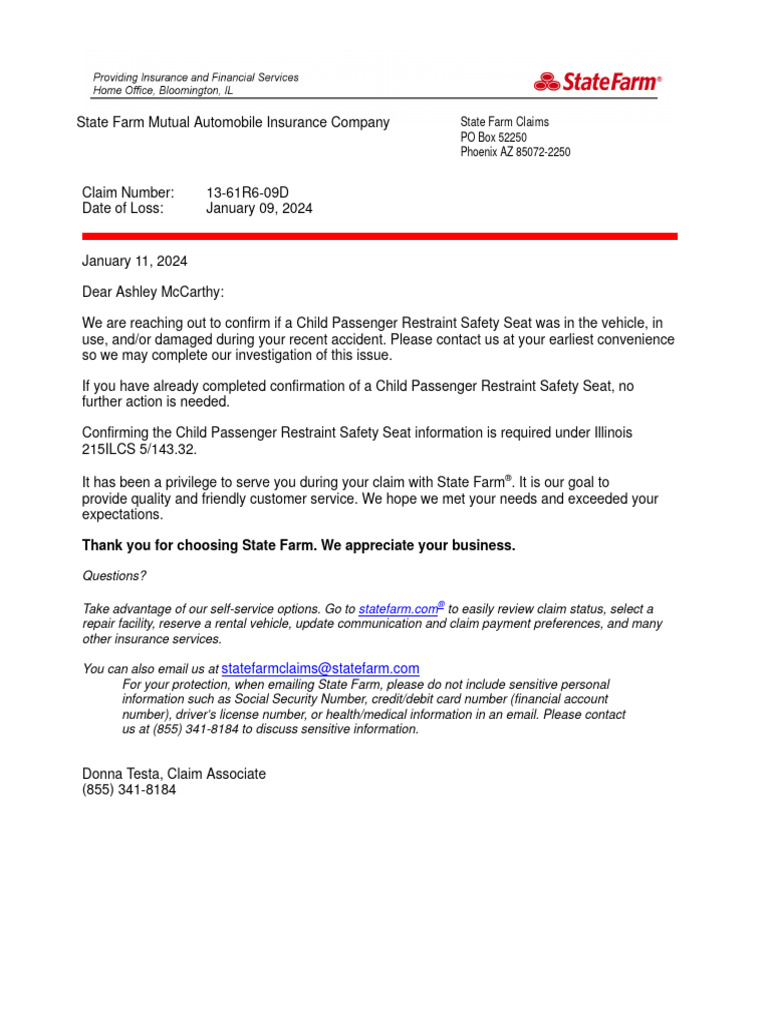 State Farm Claim Inquiry on Child Safety Seat | PDF | Finance & Money ...