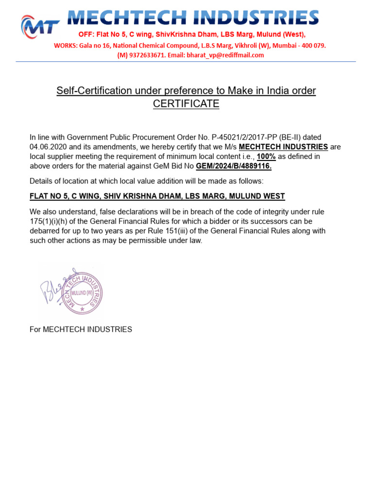 Make in India Certificate MECH TECH | PDF