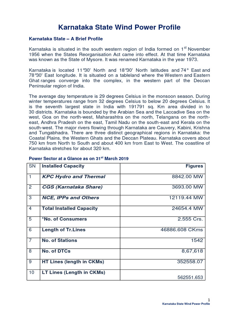 Karnataka State Wind Power Profile | PDF | Power (Physics ...