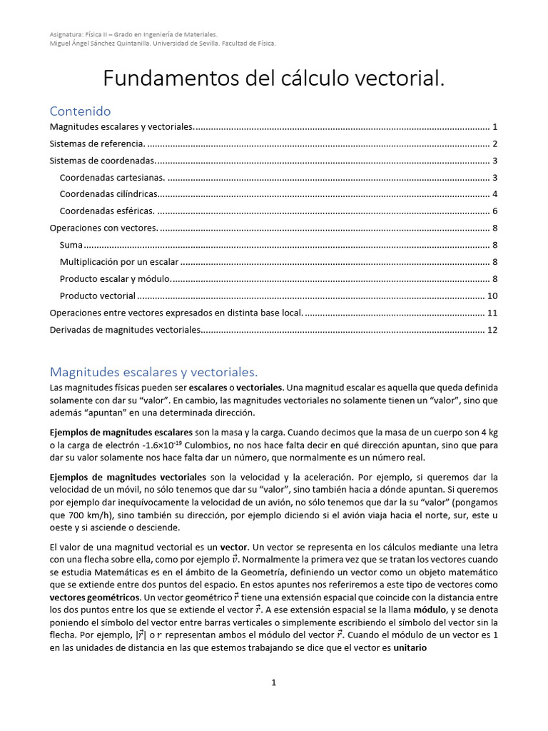 Fundamentos de cálculo vectorial | PDF | Vector Euclidiano | Sistema coordinado