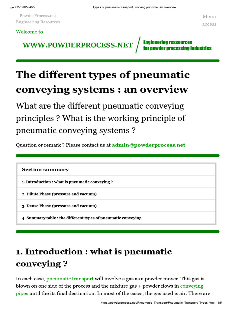 Types of Pneumatic Transport, Working Principle, An Overview | PDF ...
