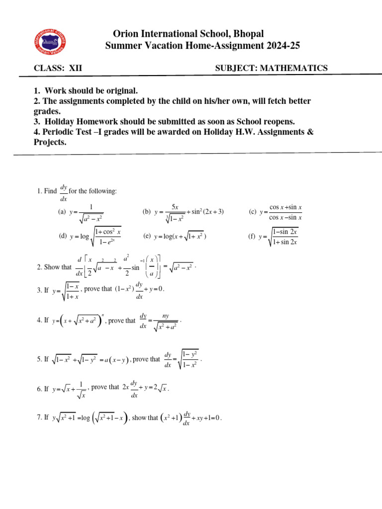 Holiday HW Class - Xii (Maths) | PDF | Teaching Methods & Materials
