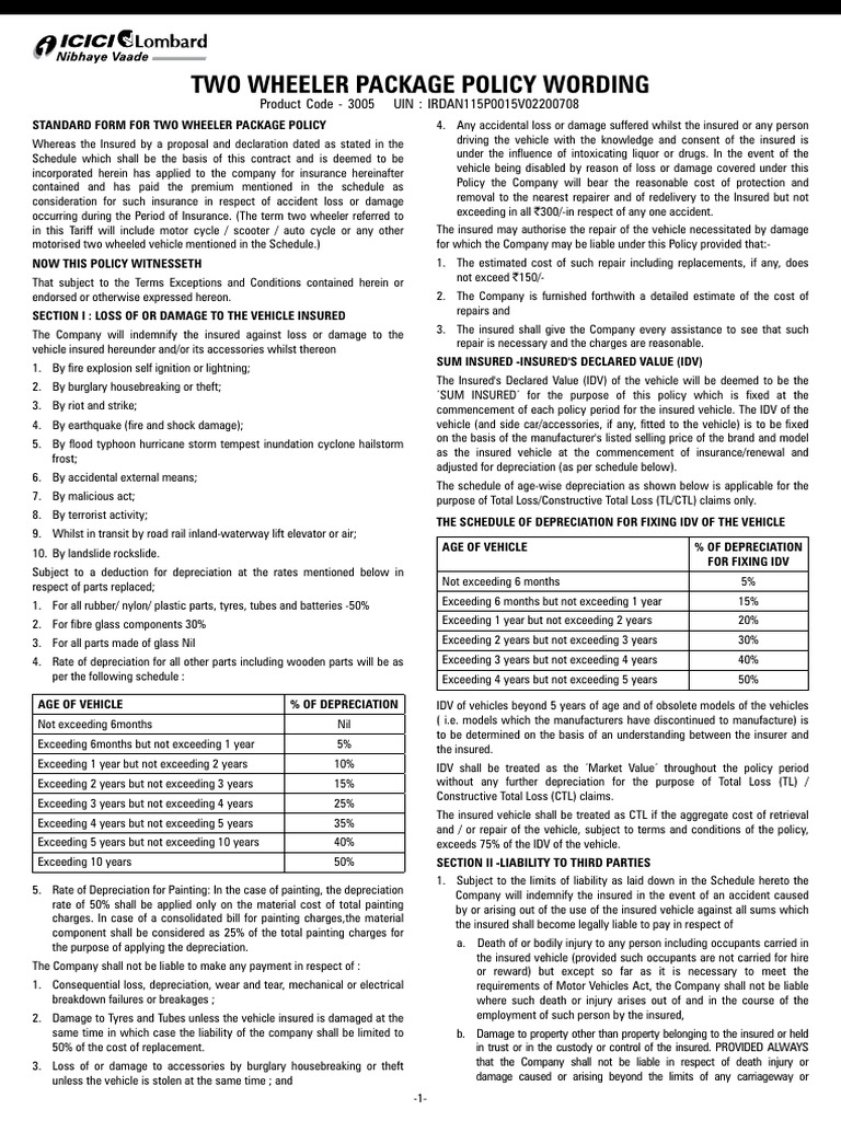 Two Wheeler Comprehensive Policy Wording - ICICI JzFOWwe | PDF ...