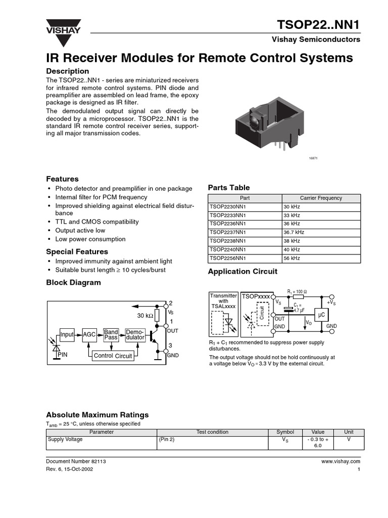 TSOP22..NN1 IR Receiver Modules For Remote Control Systems: Vishay ...
