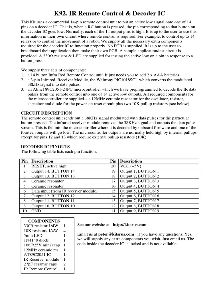 K92. IR Remote Control & Decoder IC: Circuit Description | PDF | Remote ...