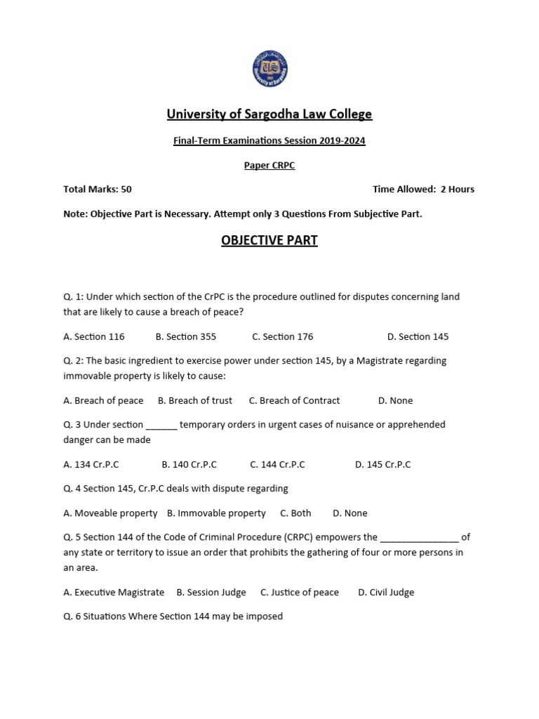 CRPC Paper - Final Term | PDF | Magistrate | Trials