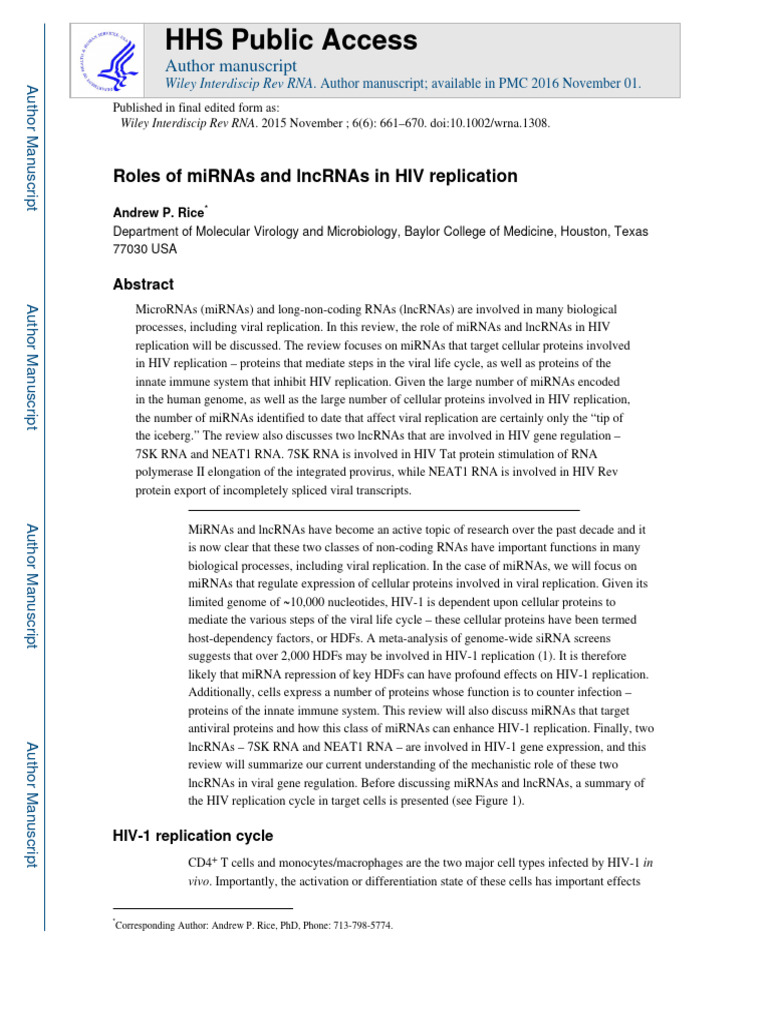Roles of miRNAs and lncRNAs in HIV Replication | PDF | Hiv | Micro Rna