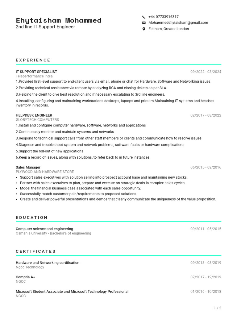 Ehytaisham Mohammed - 2nd Line IT Support Engineer - CV | PDF ...
