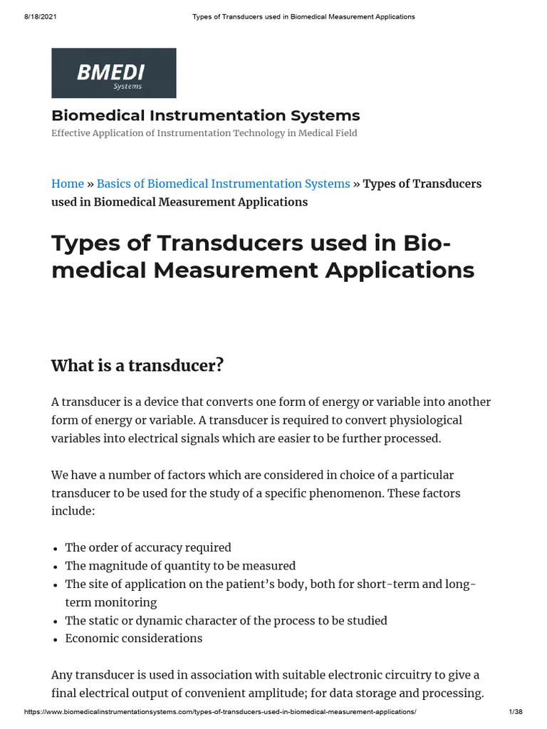 Types of Transducers Used in Biomedical Measurement Applications | PDF ...