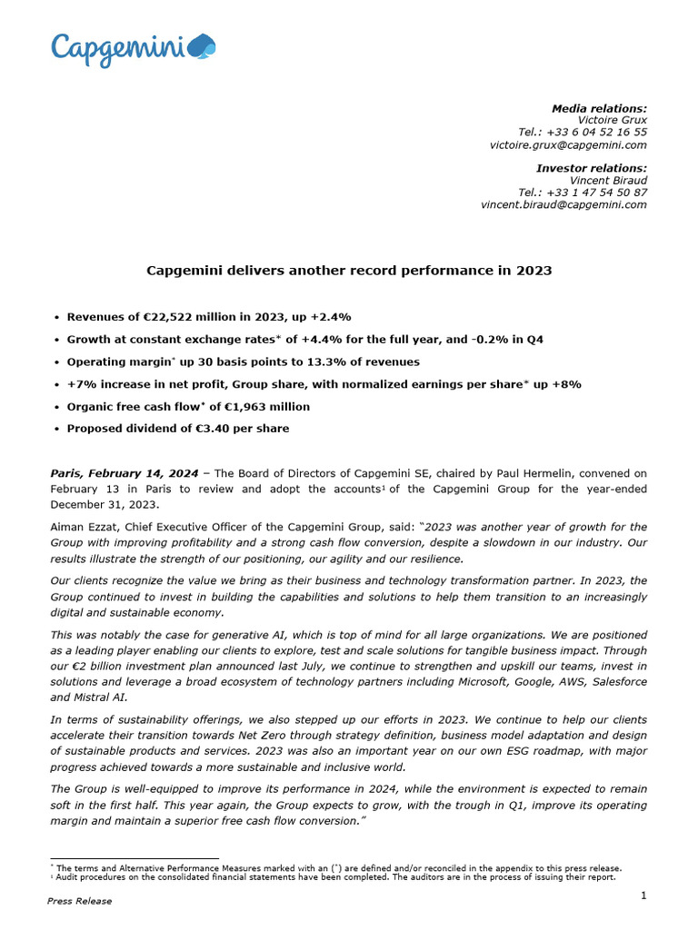 Capgemini - 2024-02-14 - 2023 Annual Results | PDF | Goodwill (Accounting) | Expense