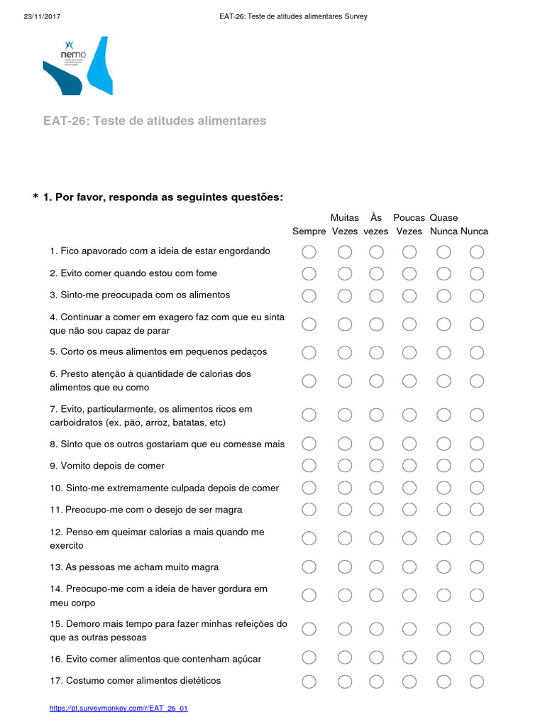EAT-26 - Teste de Atitudes Alimentares Survey | PDF